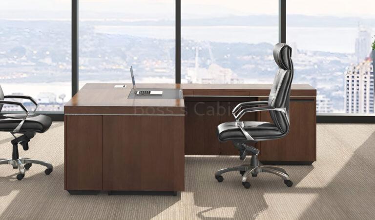 Lexon 8 Feet L Shape Office Table In Walnut Veneer: Boss's Cabin